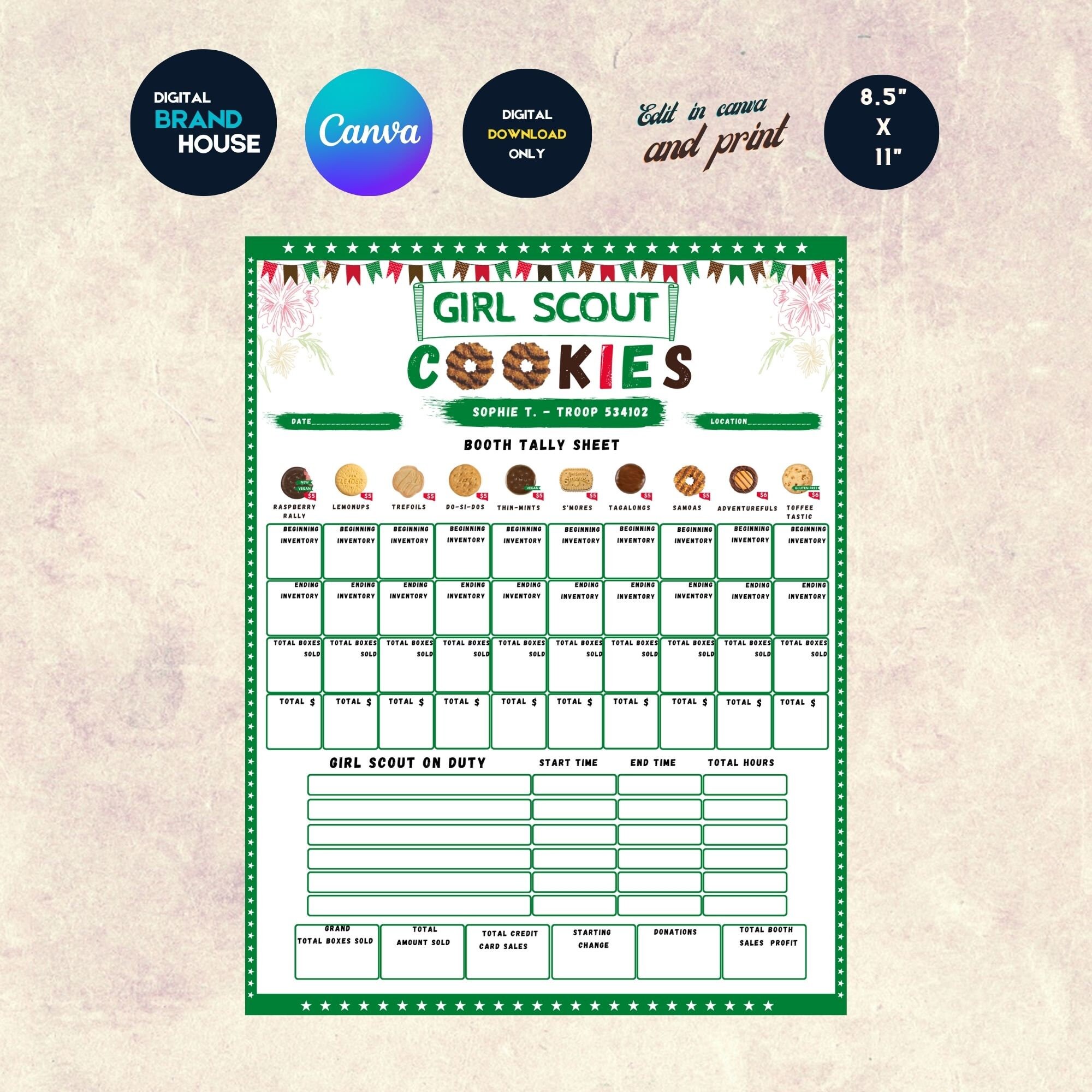 LBB Girl Scout Cookie Tally Sheet Editable Canva Template 2023 Little ...