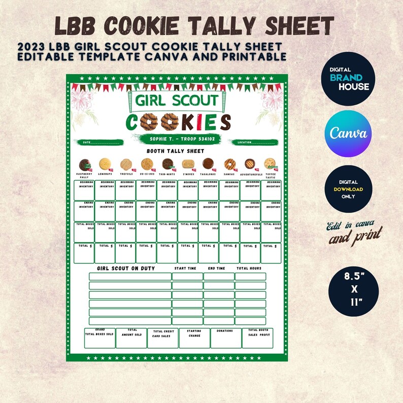 LBB Girl Scout Cookie Tally Sheet Editable Canva Template 2023 Little ...