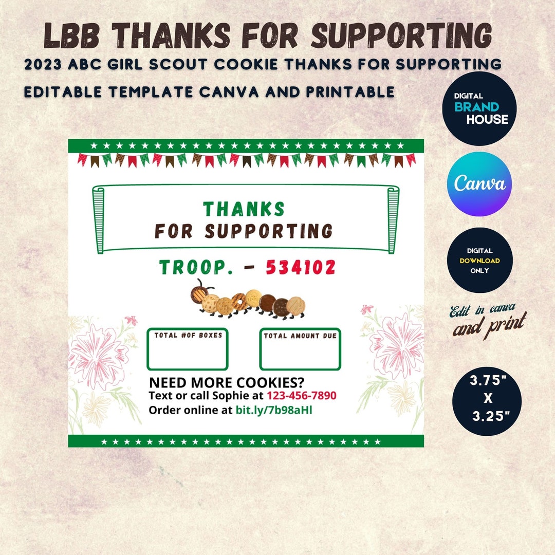 LBB Girl Scout Cookie Thanks for Supporting Editable Canva - Etsy