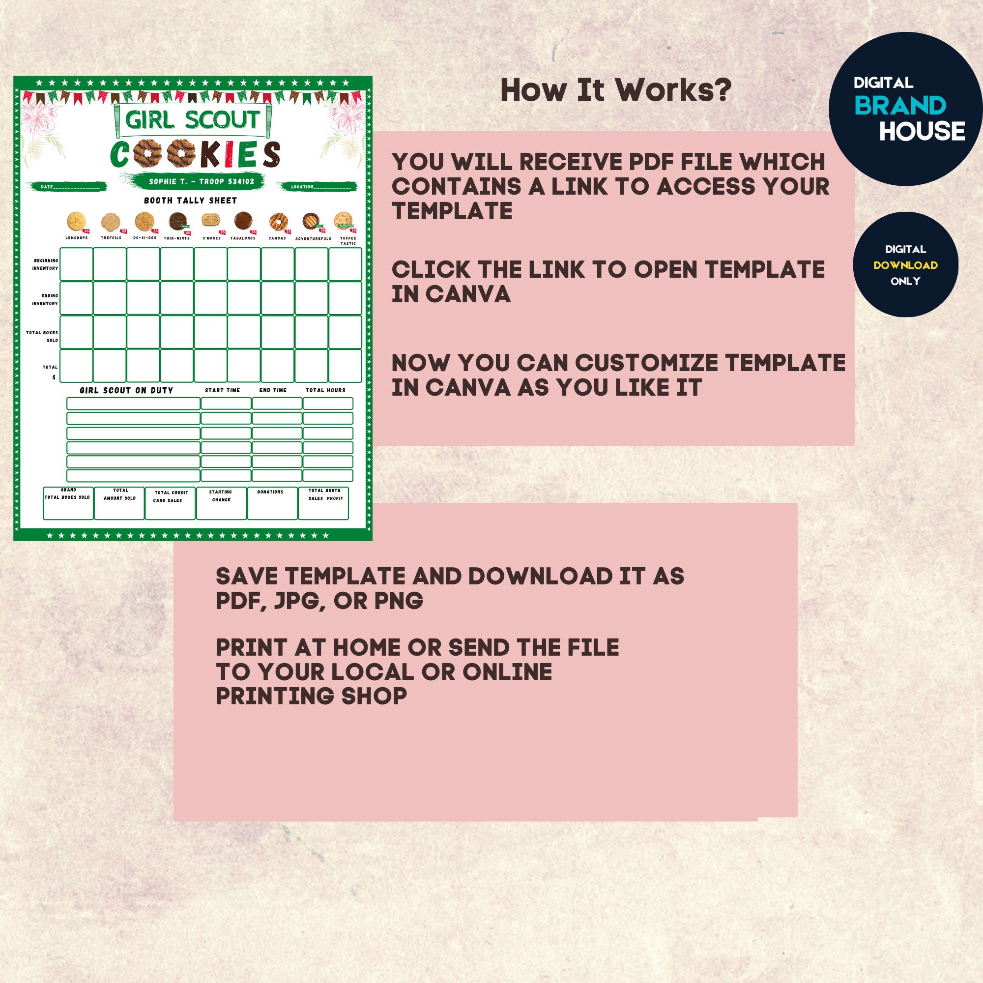 LBB Girl Scout Cookie Tally Sheet Editable Canva Template | Etsy