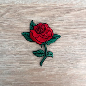 Red Rose Flower With Green Stem Patch / Sew or Iron on Embroidered ...