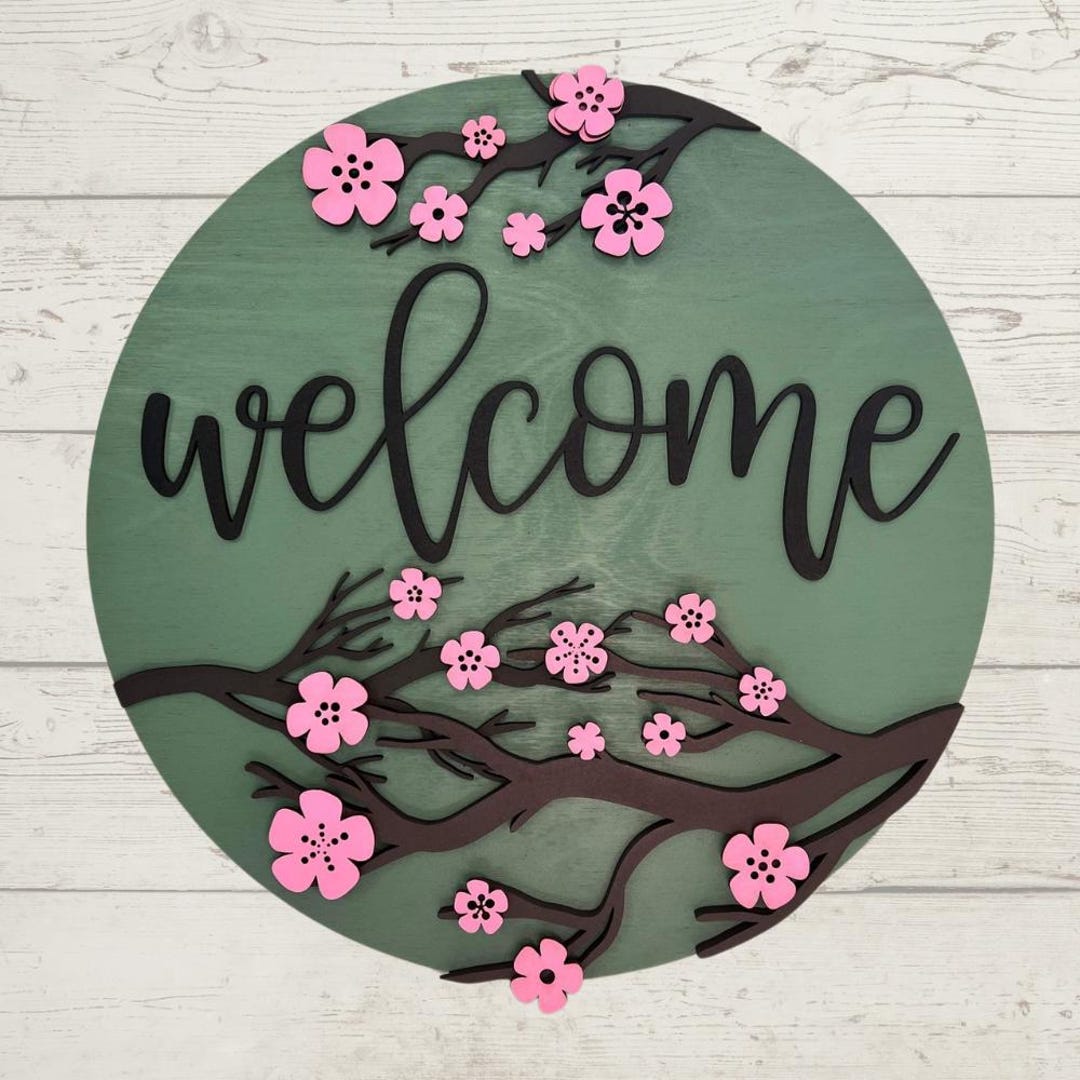 Cherry Blossoms Welcome Laser Cut Hanging Sign, Door Hanger - Etsy