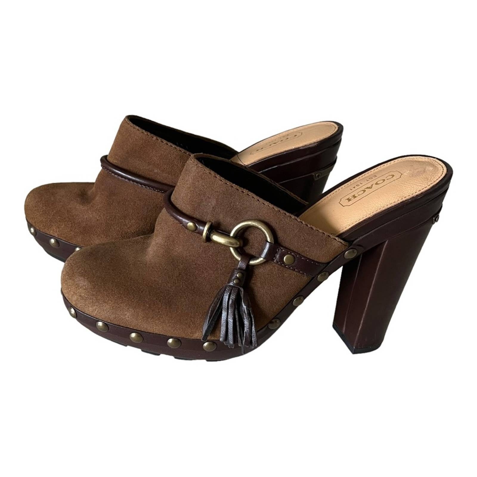 Coach Rana Brown Suede Leather Mule Heels With Tassel Platform Shoes ...