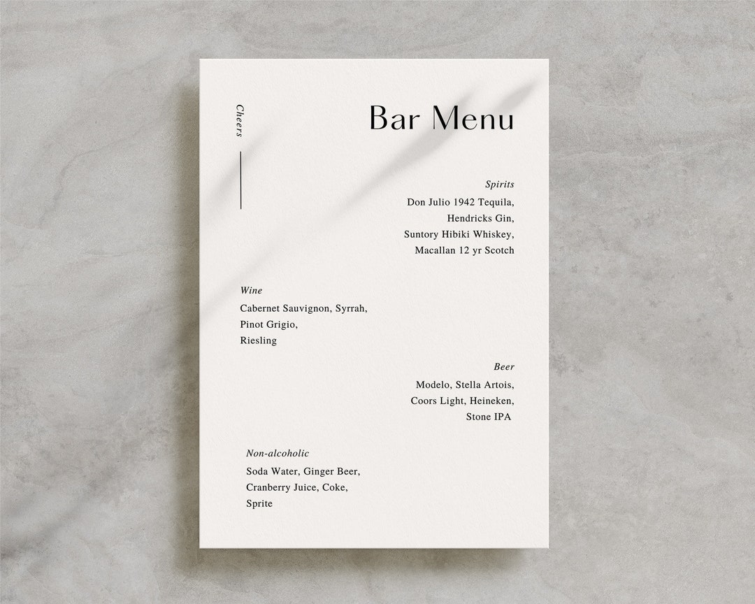 Wedding Bar Menu Template, Drink Menu, Printable Minimalist Canva ...
