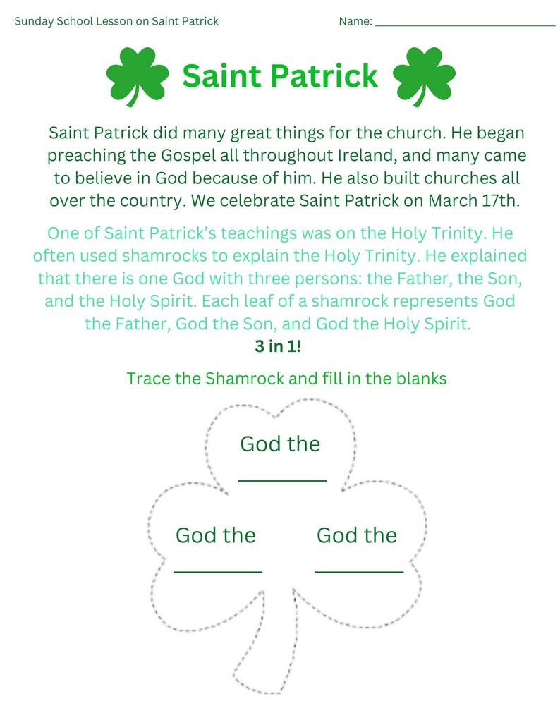Printable Sunday School Lesson on Saint Patrick - Etsy