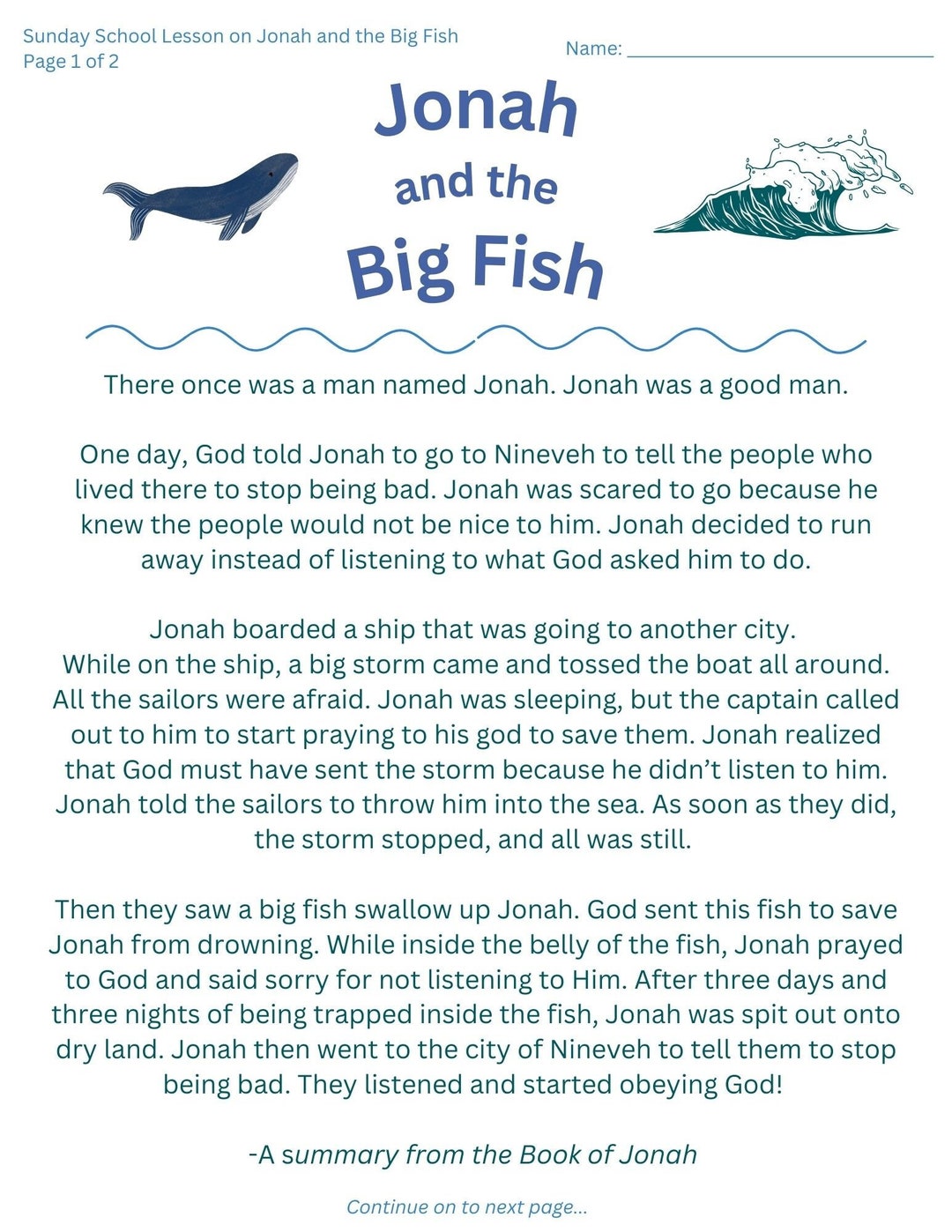 Printable Sunday School Lesson on Jonah and the Big Fish - Etsy