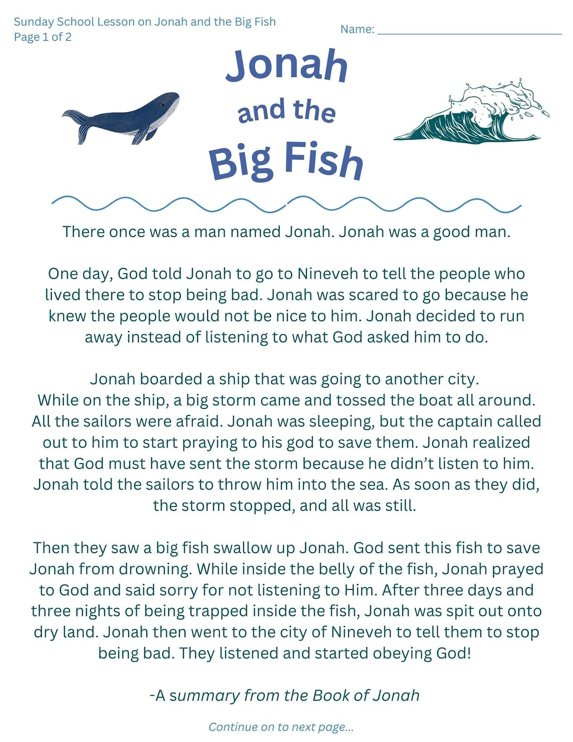 Printable Sunday School Lesson on Jonah and the Big Fish - Etsy