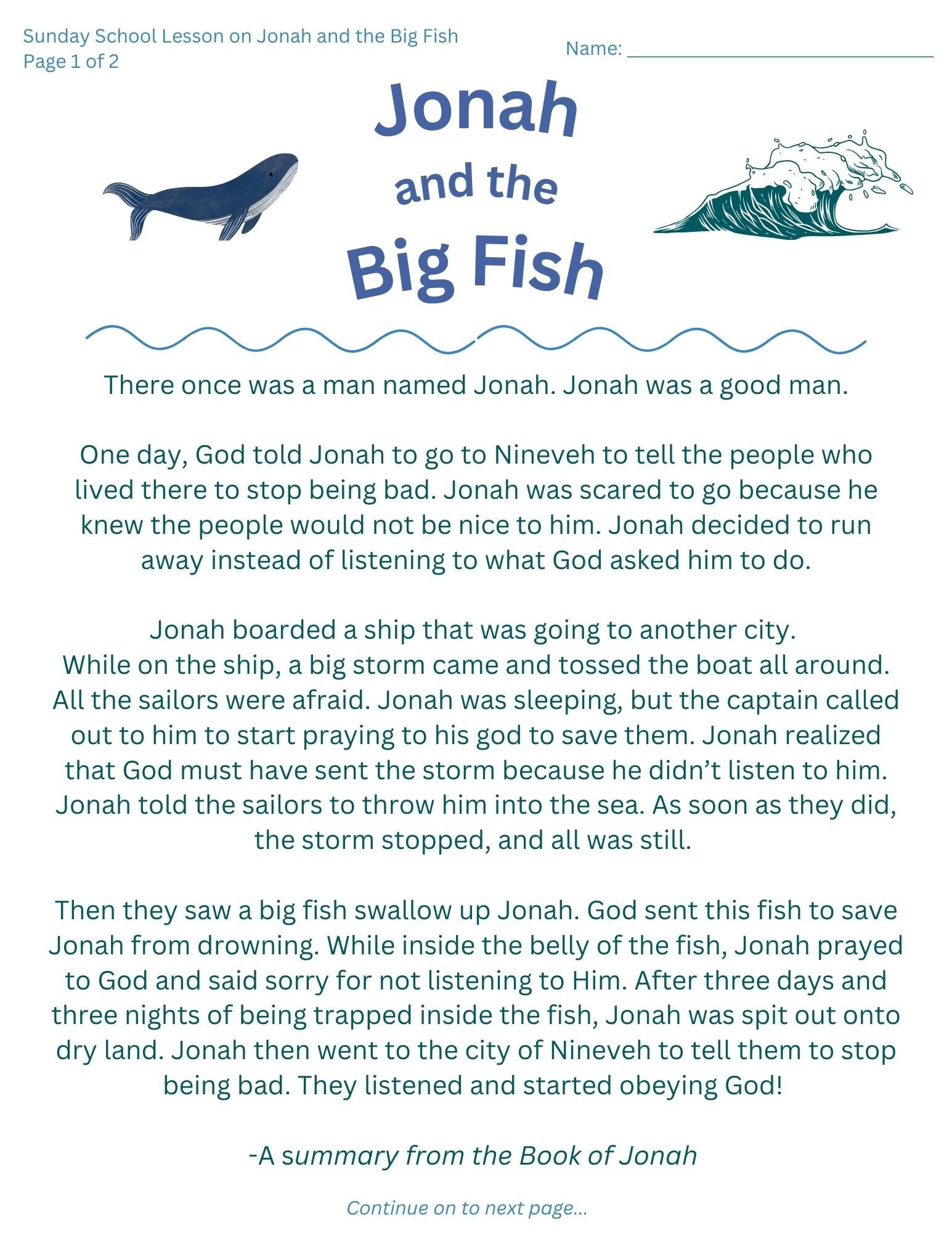 Printable Sunday School Lesson on Jonah and the Big Fish - Etsy