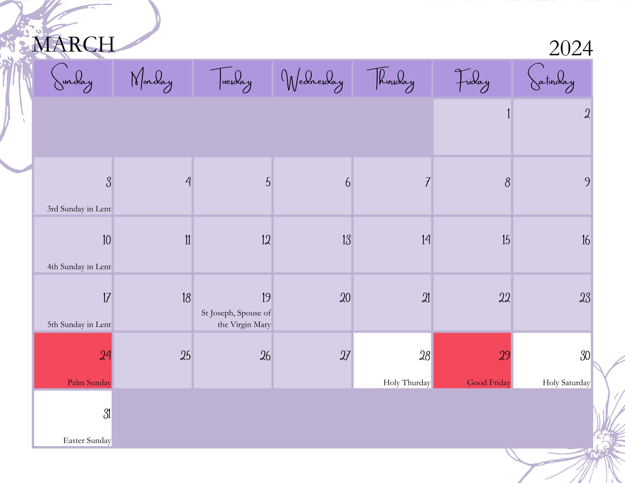 Digital 2024 Liturgical Calendar - Etsy