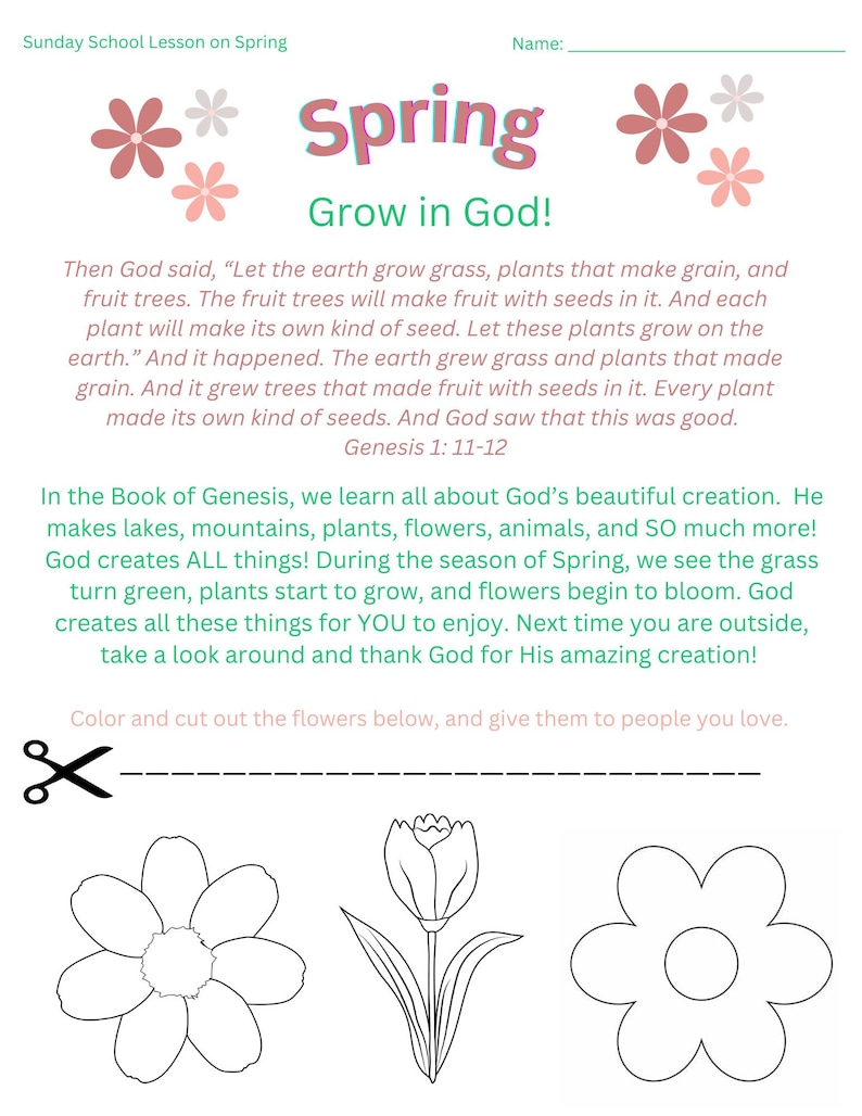 Printable Sunday School Lesson on Spring - Etsy