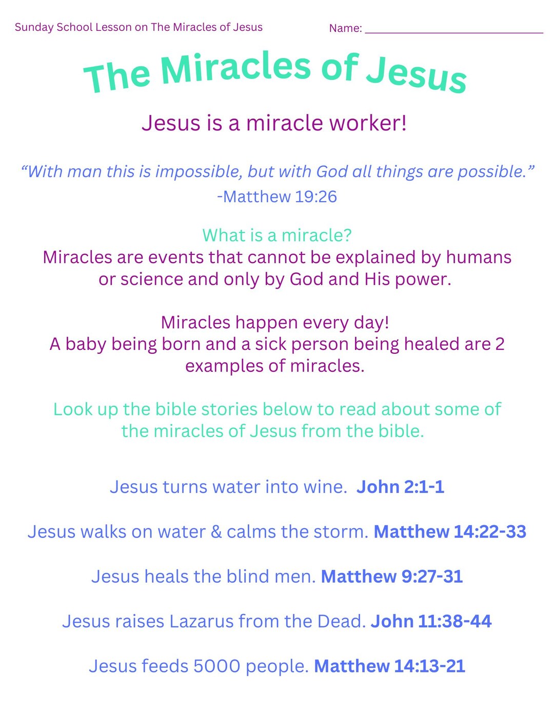 Sunday School Lesson on the Miracles of Jesus - Etsy