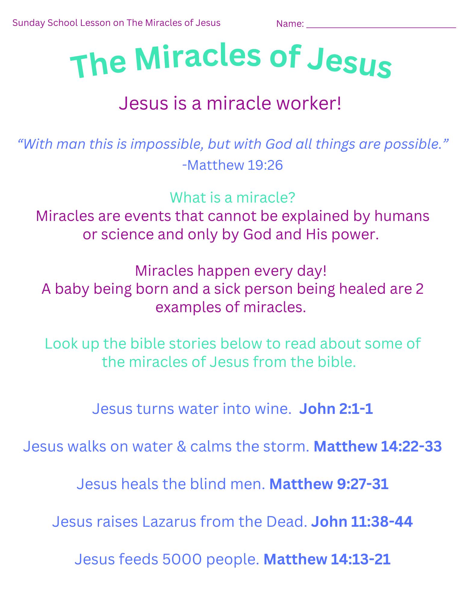 Sunday School Lesson on the Miracles of Jesus - Etsy