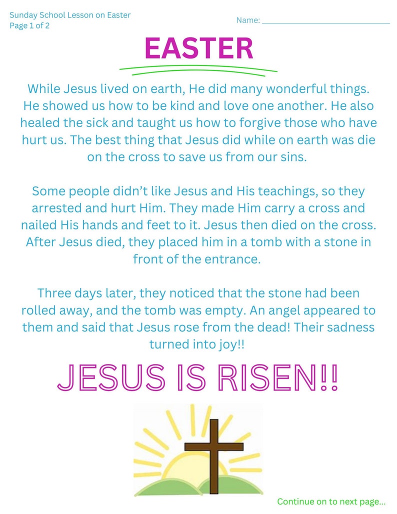 Printable Sunday School Lesson for Easter - Etsy