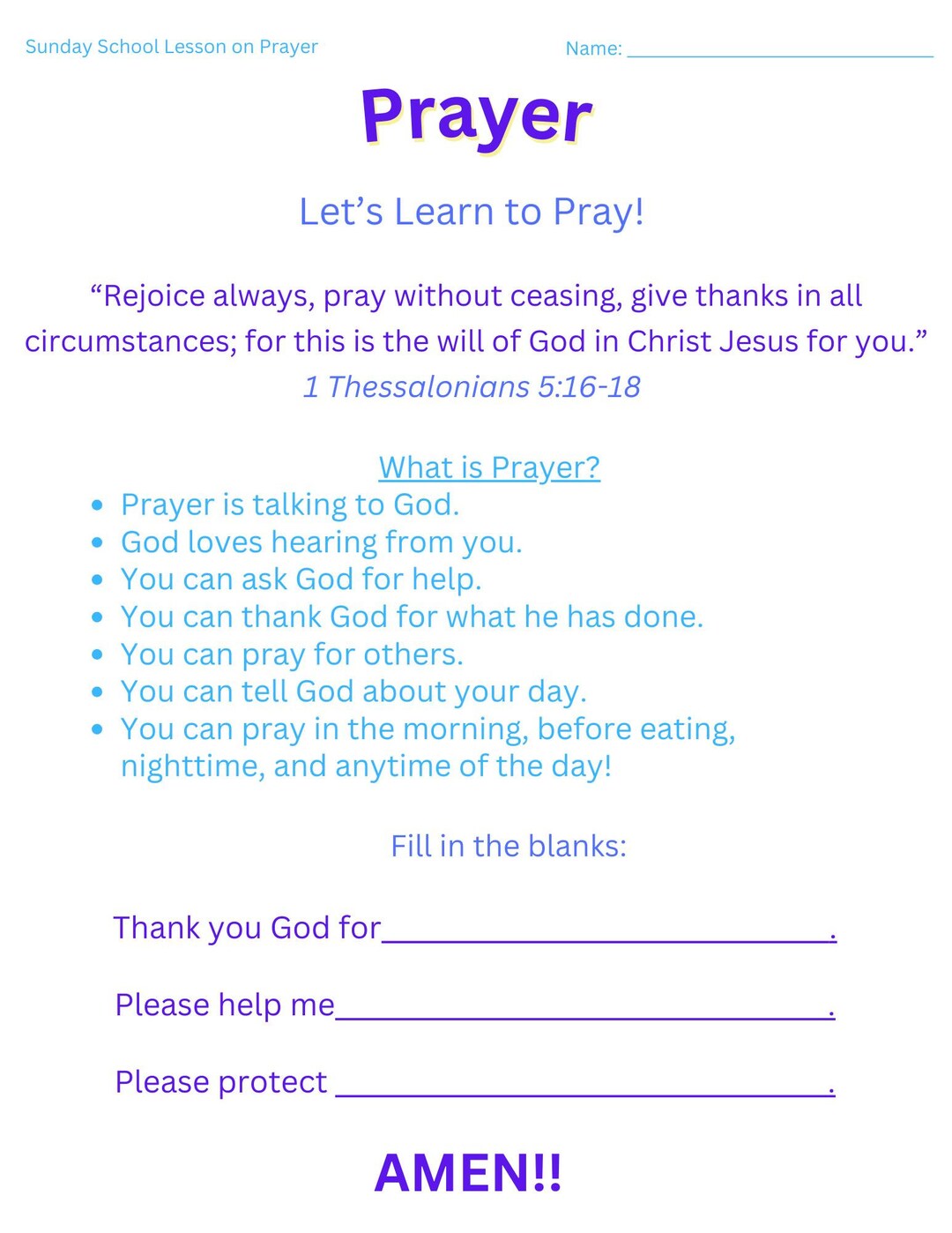 Sunday School Lesson on Prayer - Etsy