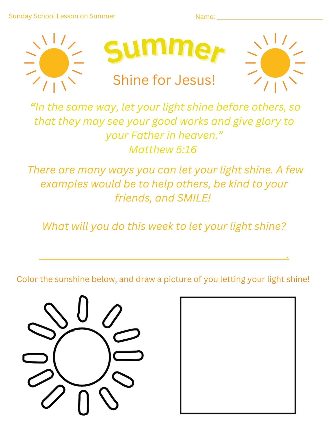 Printable Sunday School Lesson on Summer - Etsy