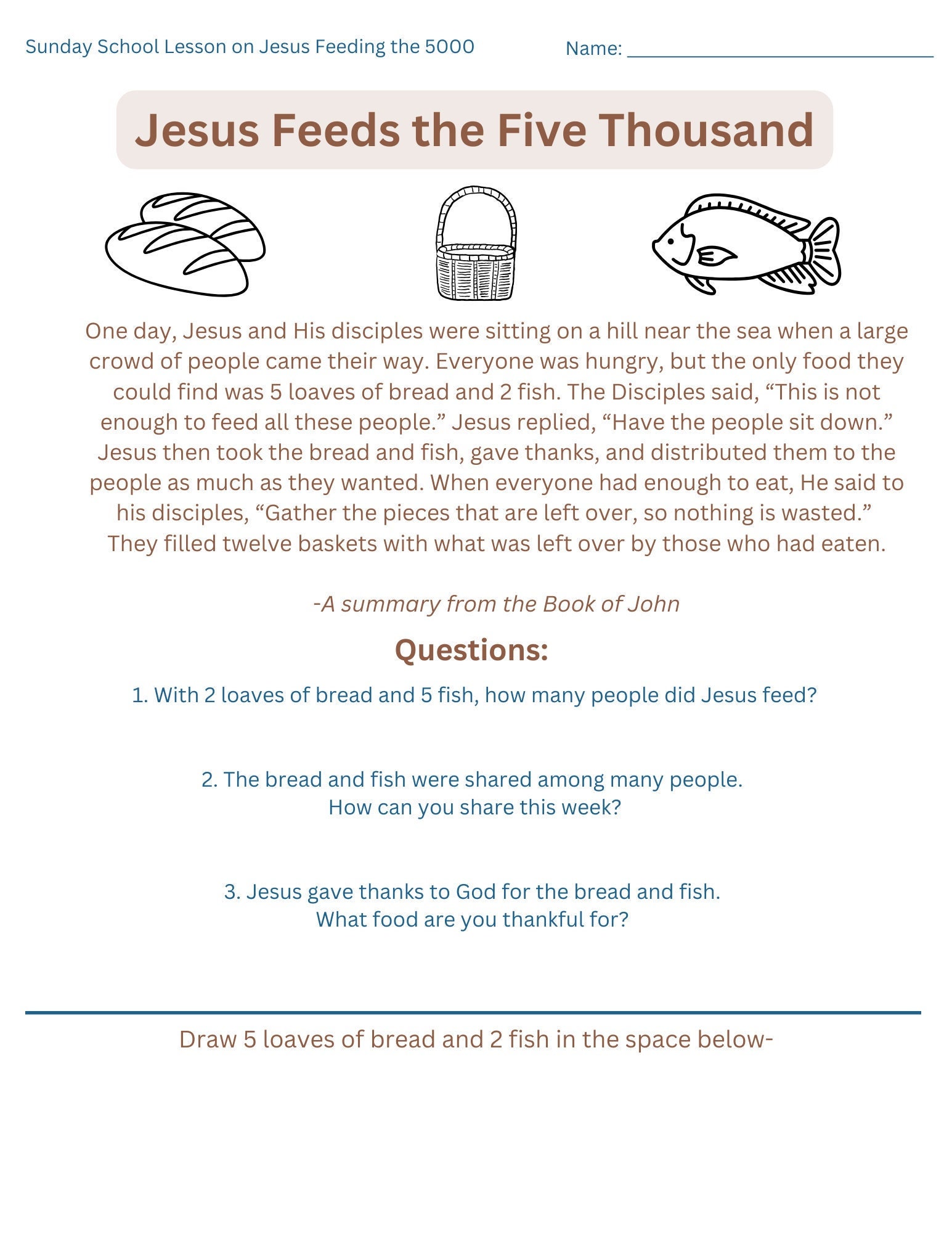Printable Sunday School Lesson on Jesus Feeding the 5000 - Etsy