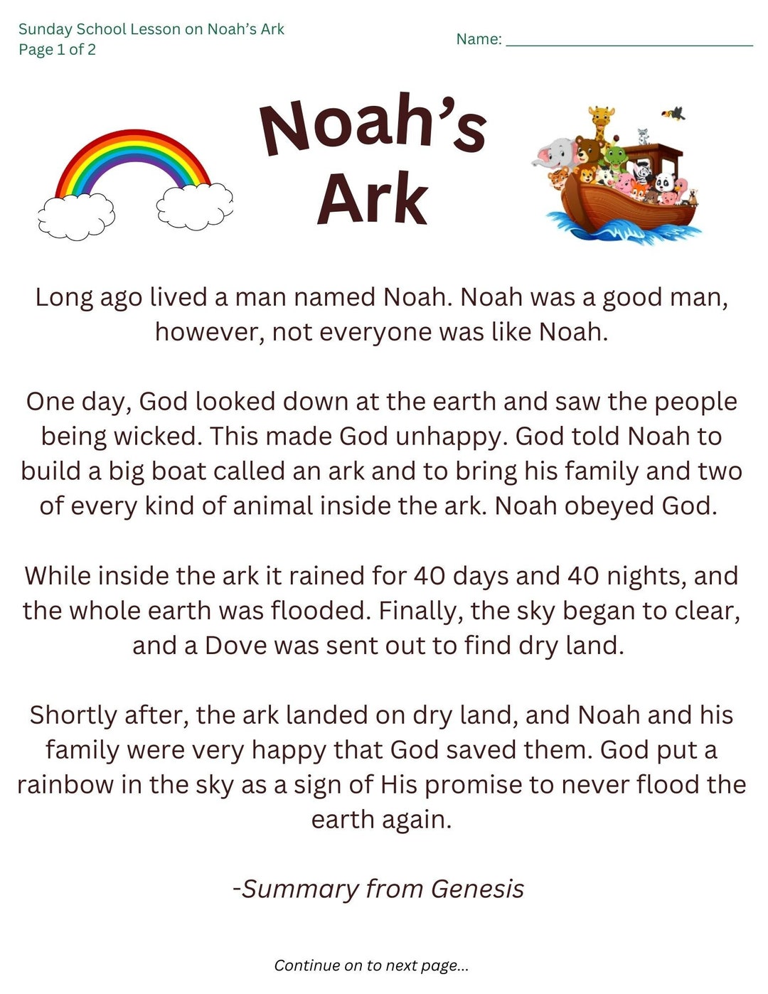 Printable Sunday School Lesson on Noah's Ark - Etsy