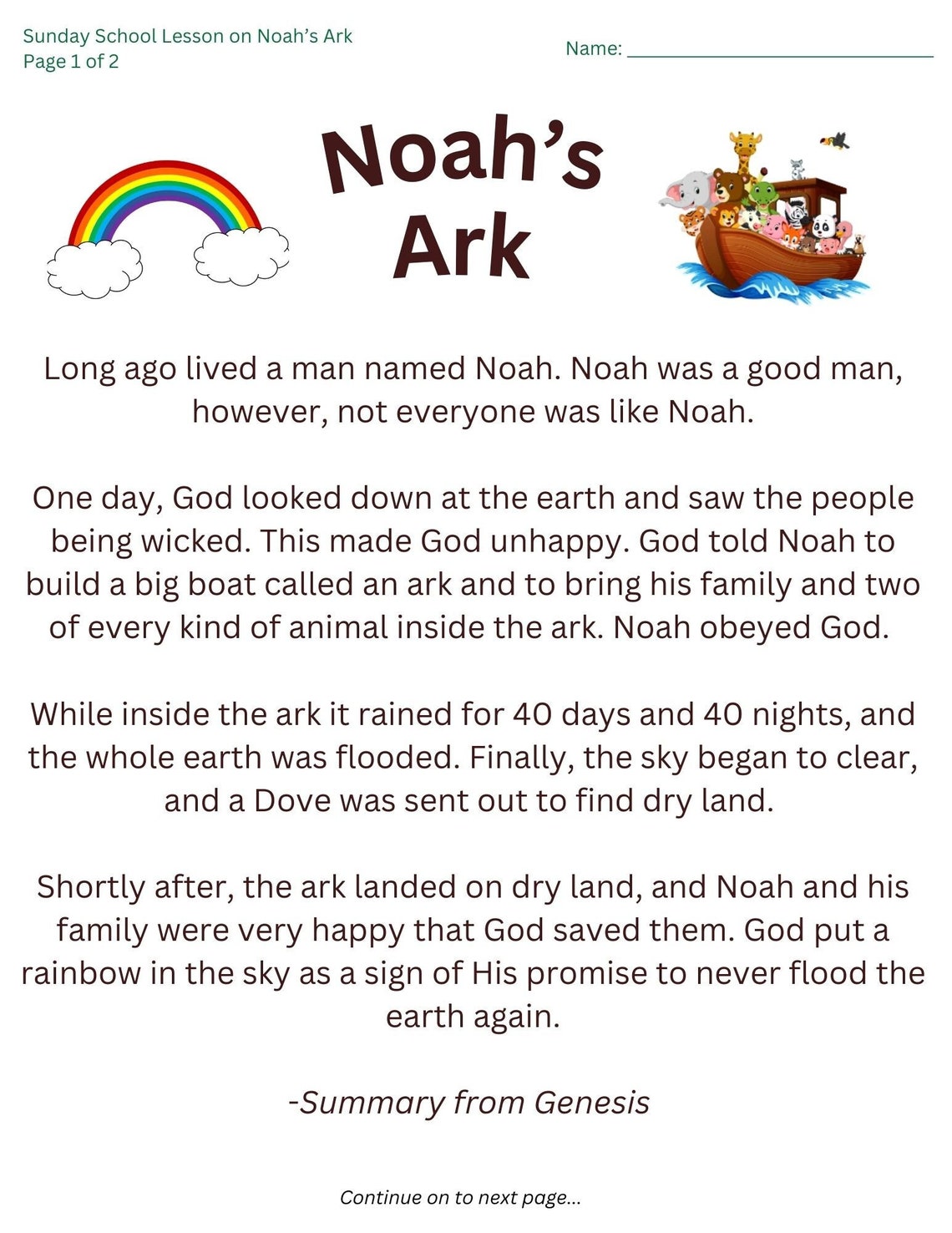 Printable Sunday School Lesson on Noah's Ark - Etsy