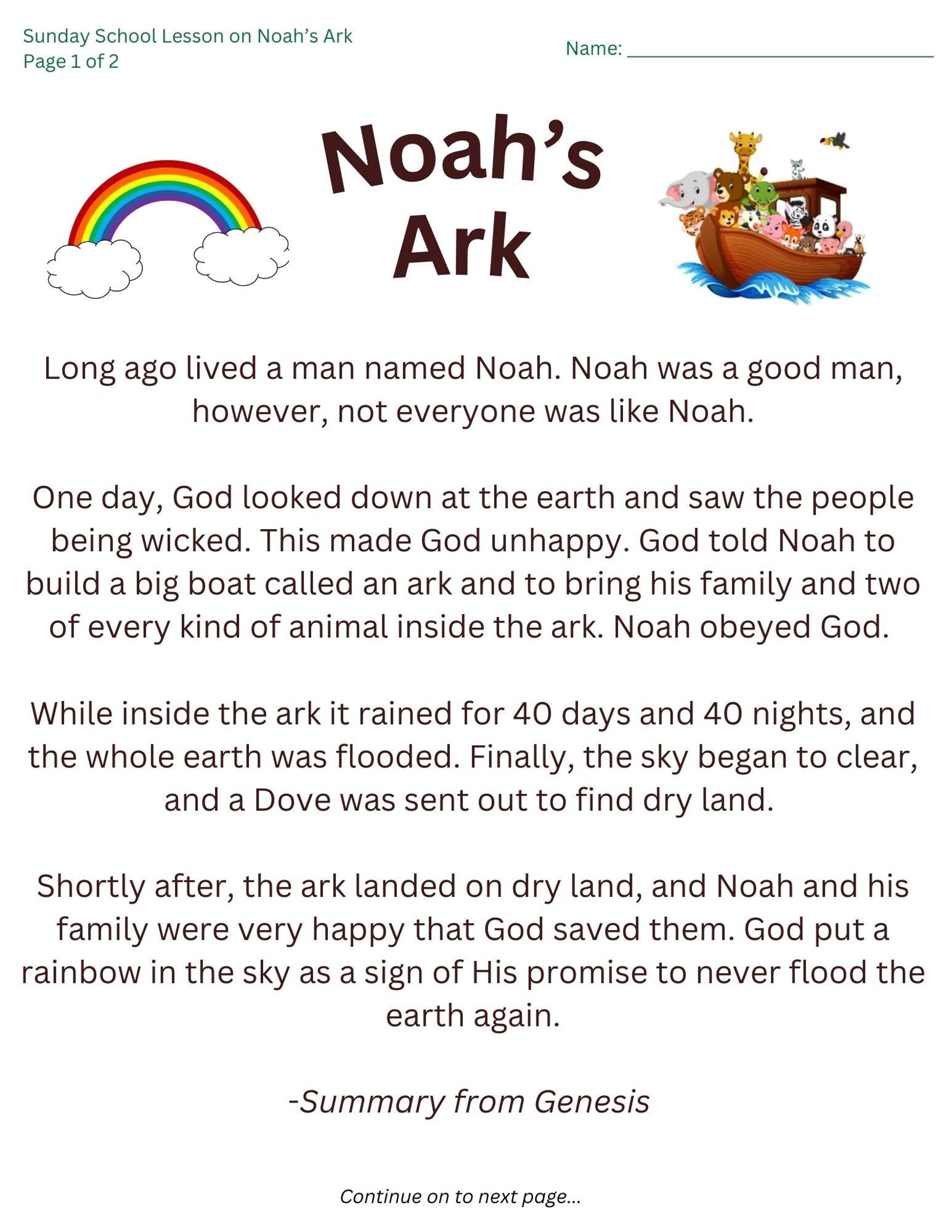 Printable Sunday School Lesson on Noah's Ark - Etsy