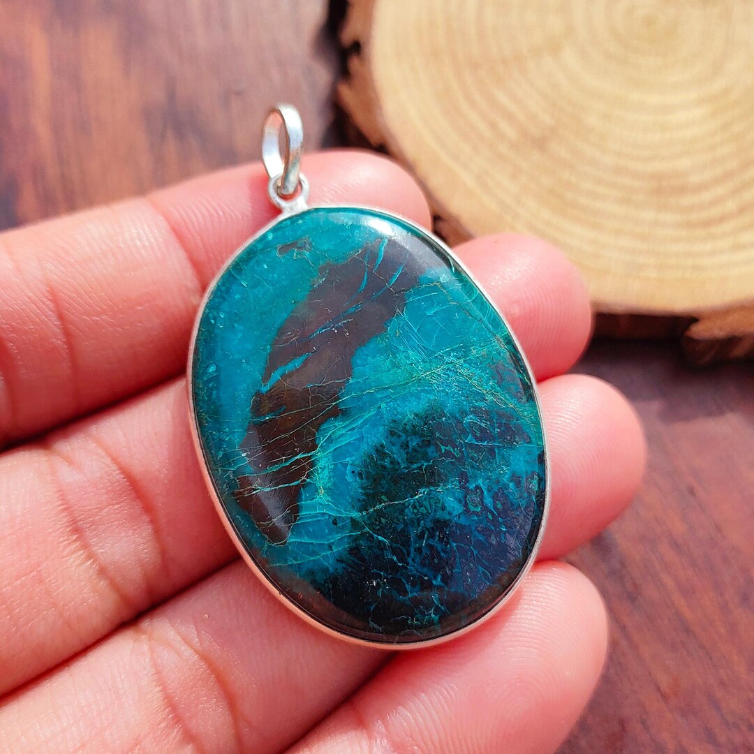 Natural Azurite Malachite Cabochon Pendant, Bezel Style Handmade 925 ...