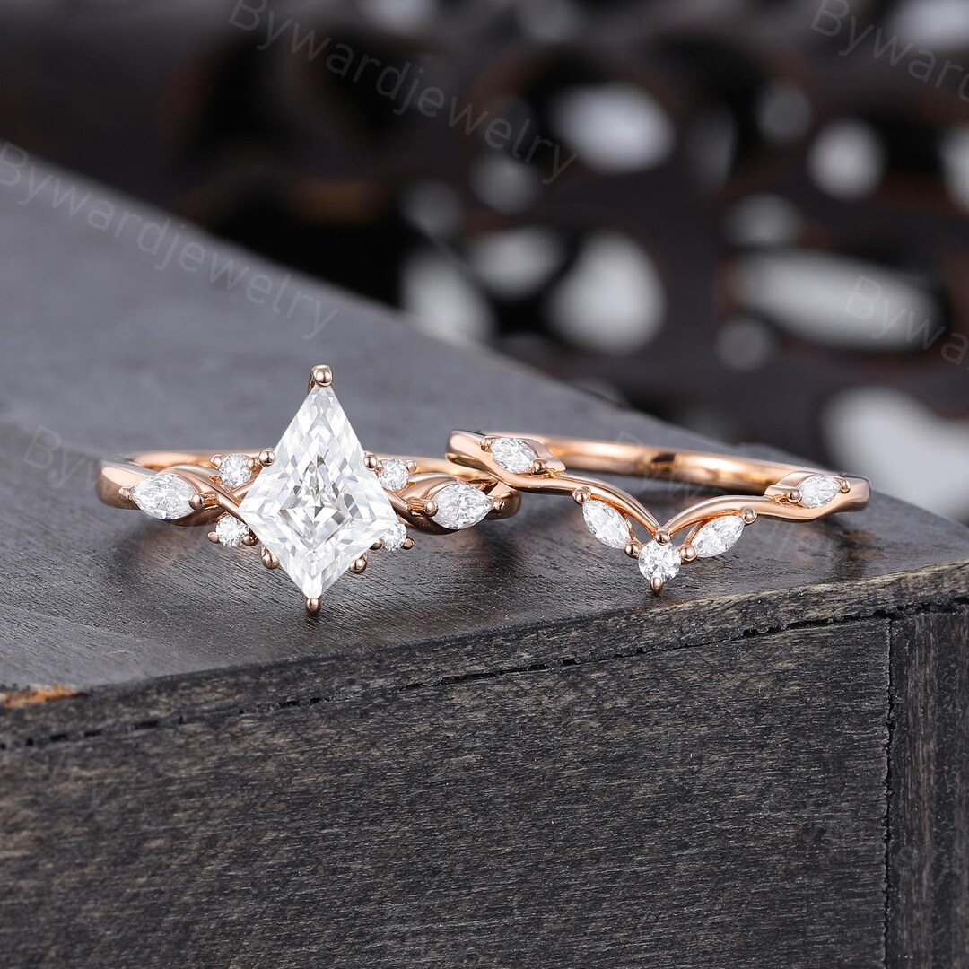 1.5CT Kite Cut Moissanite Engagement Ring Set Unique Rose Gold Marquise ...