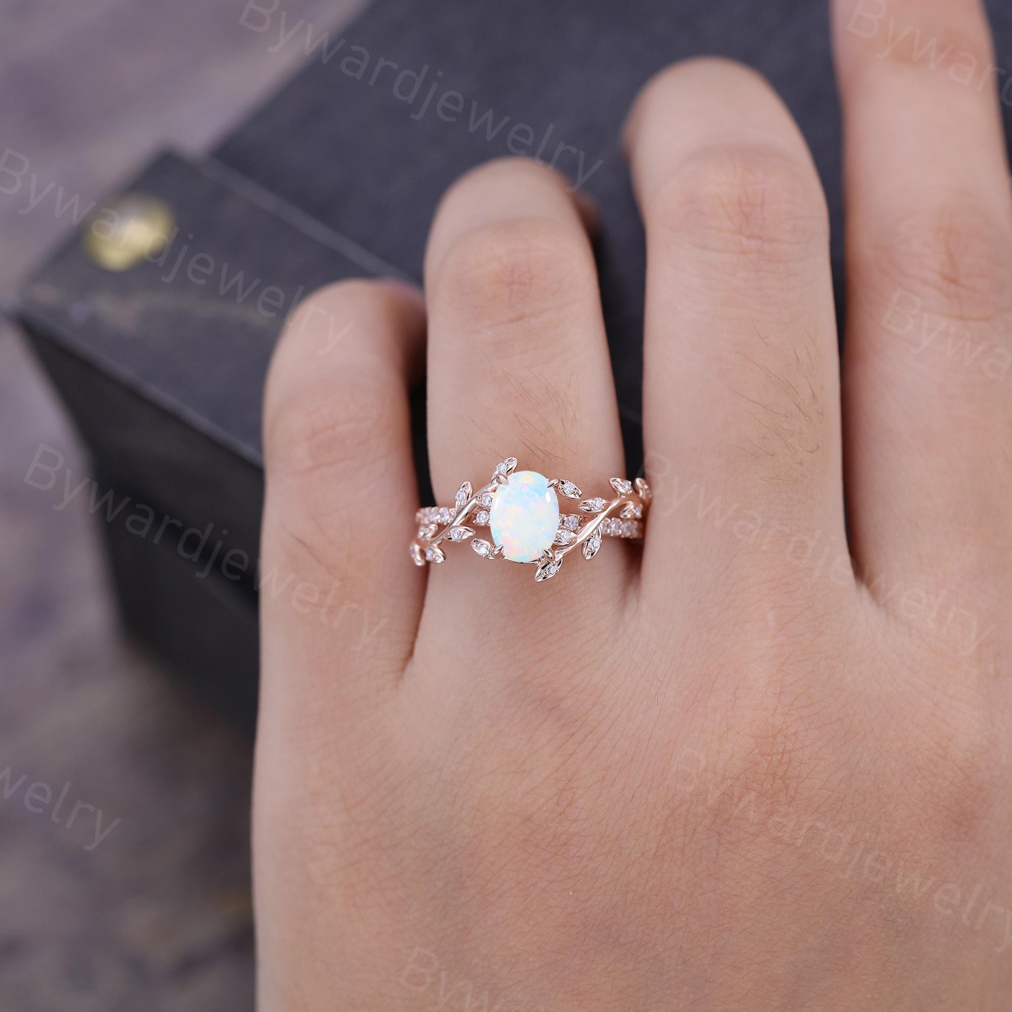 Oval Cut Opal Engagement Ring Vintage Leaf Ring Rose Gold Ring ...