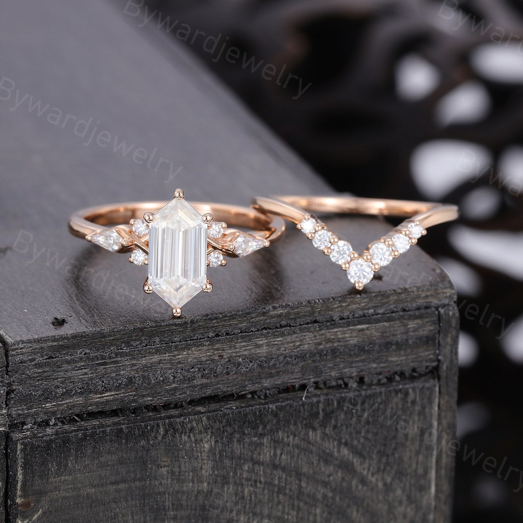 Elongated Hexagon Cut Moissanite Engagement Ring Set Unique Kite Shaped ...