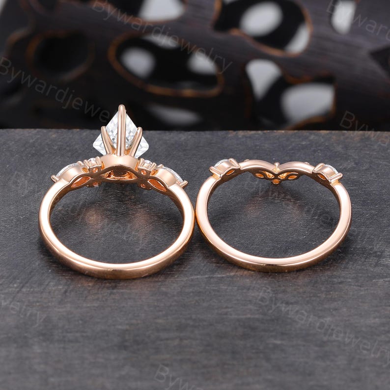 1.5CT Kite Cut Moissanite Engagement Ring Set Unique Rose Gold Marquise ...
