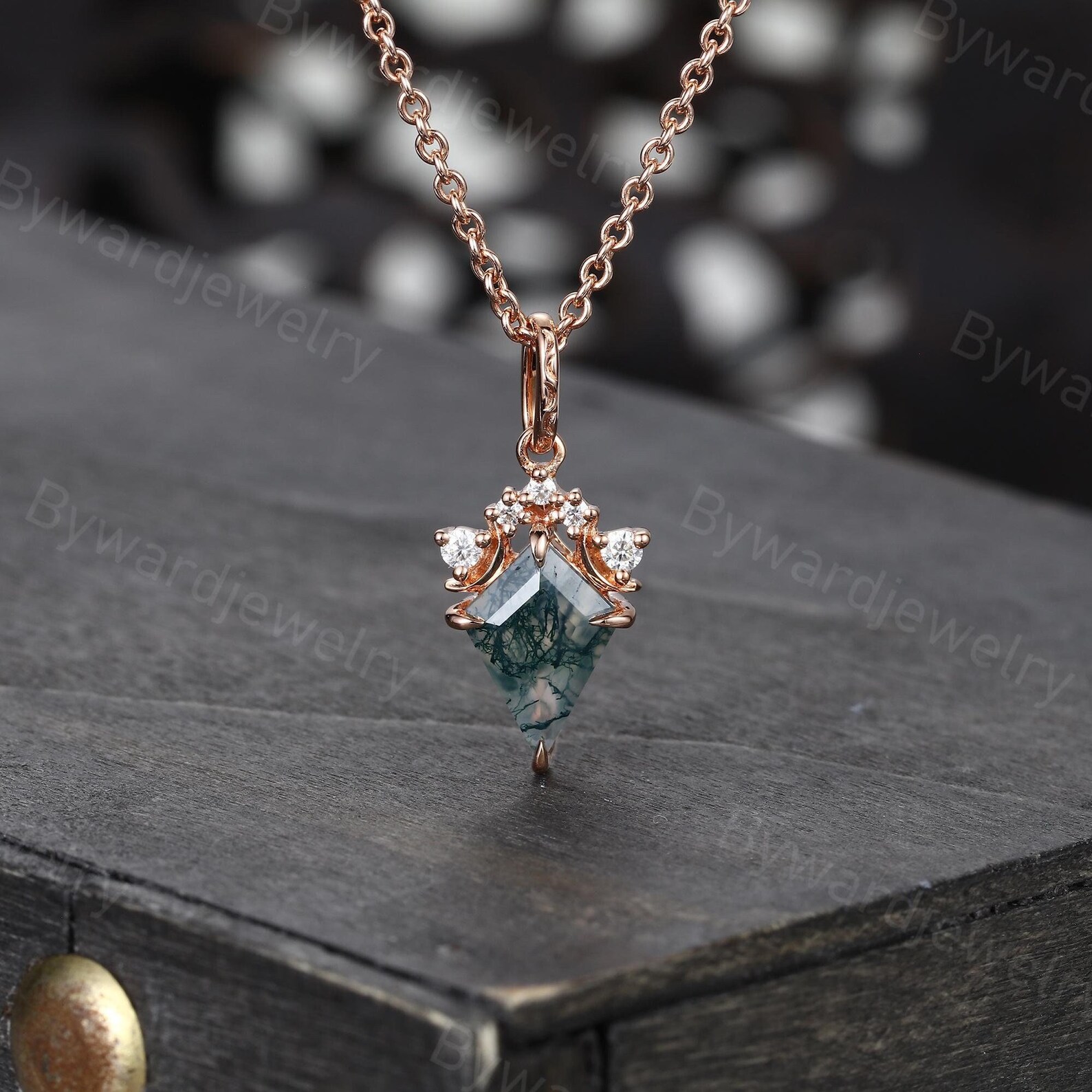 Vintage Kite Cut Moss Agate Pendant Rose Gold Necklace Unique ...