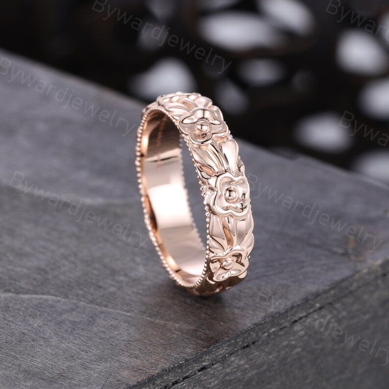 Unique Width 5MM Flower Solid Rose Gold Wedding Band Antique Ring Woman ...