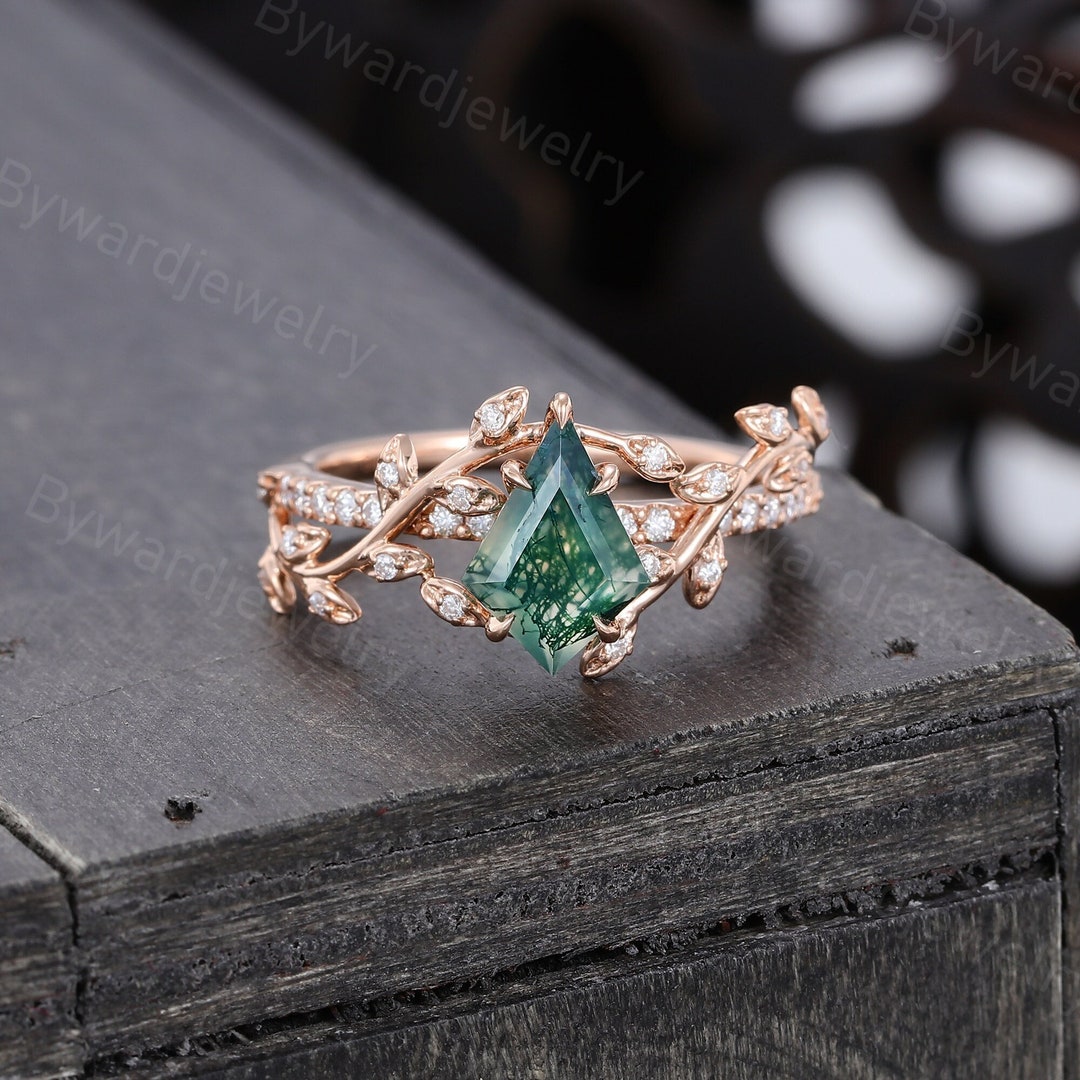 Kite Cut Moss Agate Engagement Ring Vintage Leaf Ring Rose Gold Moissanite Ring Diamond Ring ...