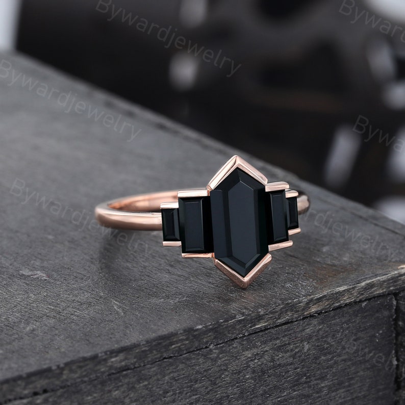 Long Hexagon Cut Black Onyx Engagement Ring Unique Rose Gold - Etsy