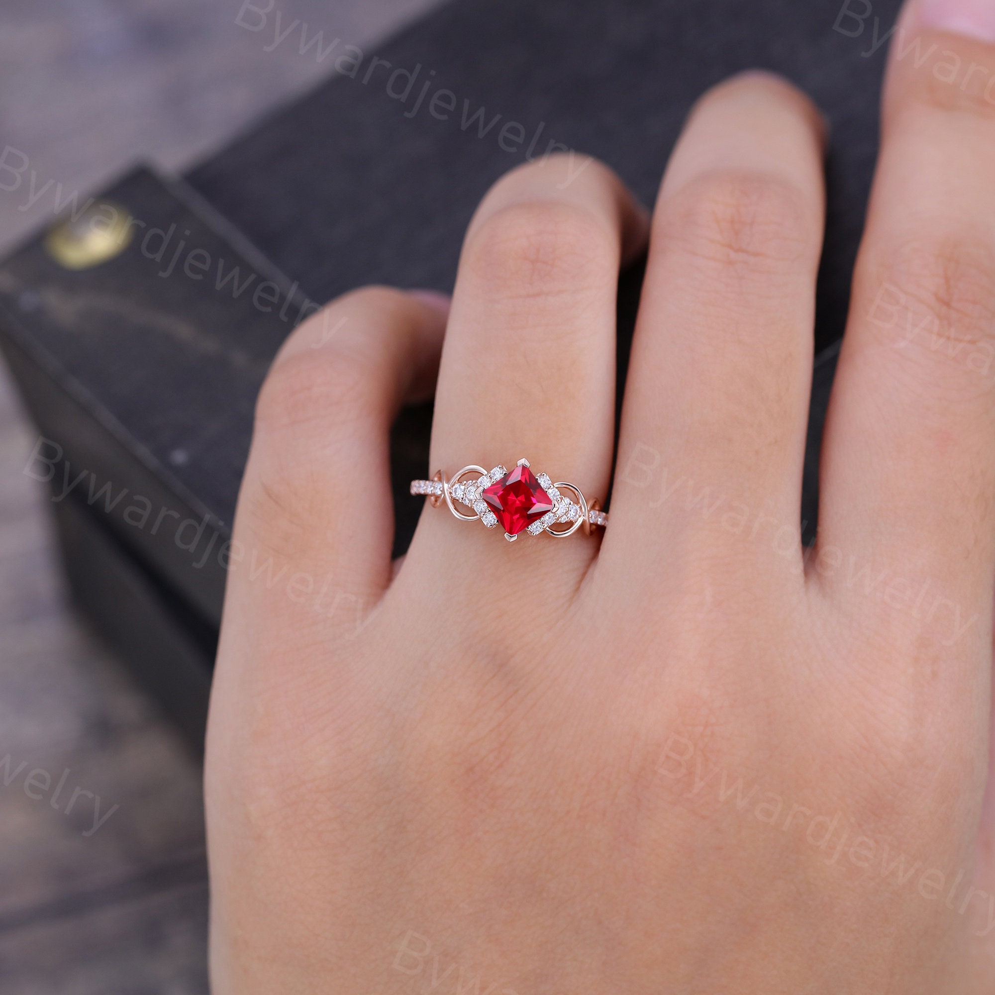 Princess Cut Ruby Engagement Ring Unique Rose Gold Diamond Cluster Ring ...