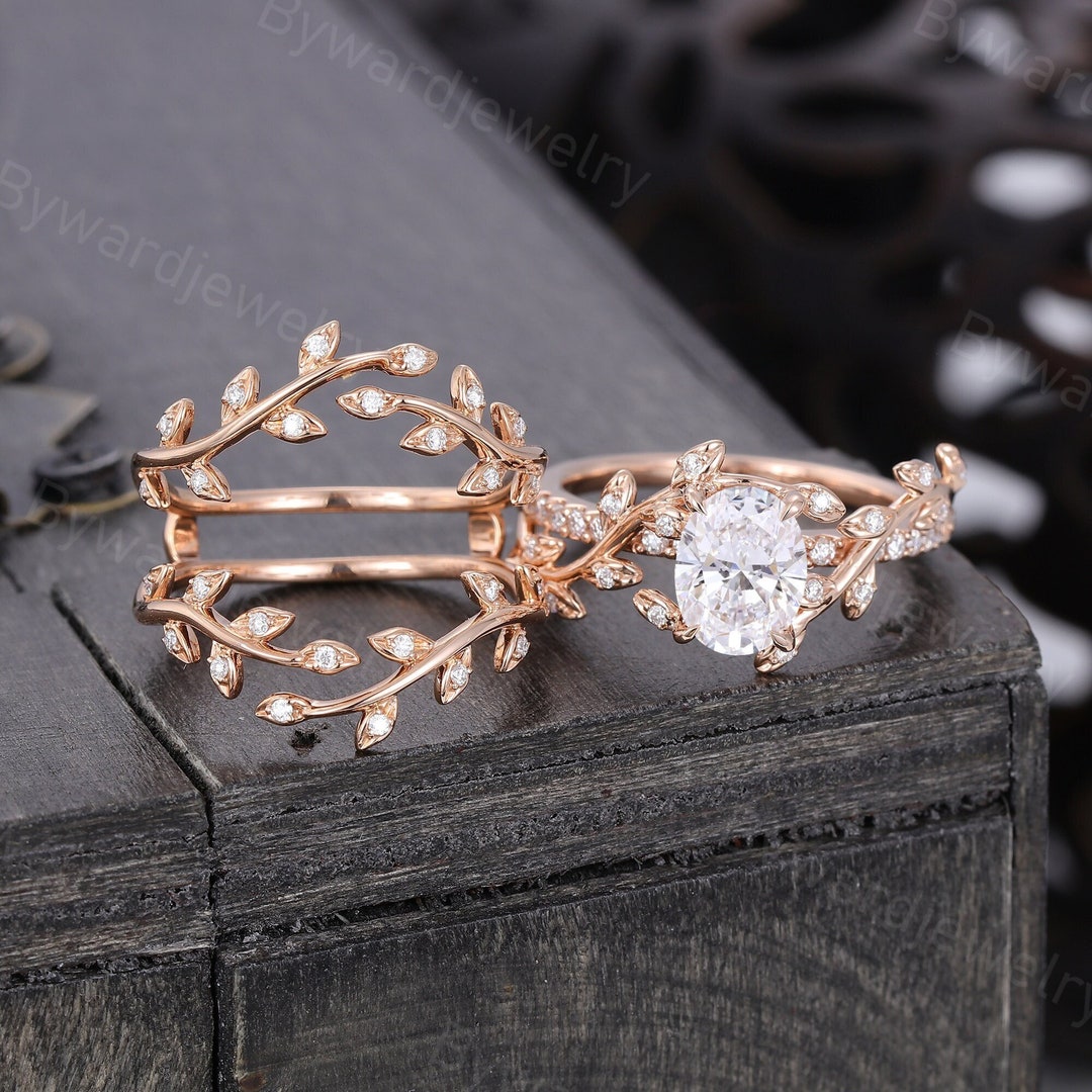 Oval Cut Lab Grown Diamond Leaf Engagement Ring Set Rose Gold Twig Ring ...