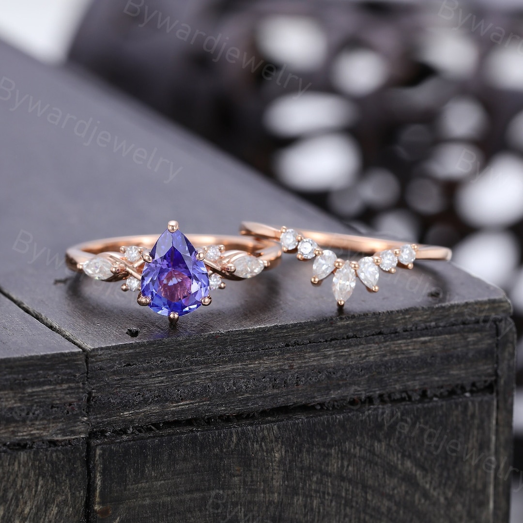 Pear Shaped Tanzanite Engagement Ring Set Unique Rose Gold Engagement ...