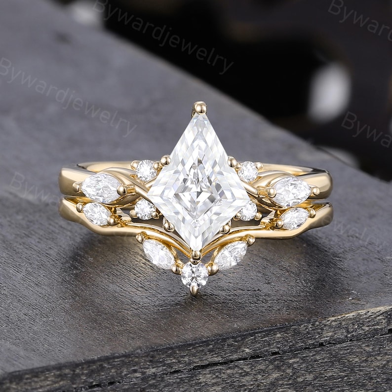 1.5CT Kite Cut Moissanite Engagement Ring Set Unique Rose Gold Marquise ...