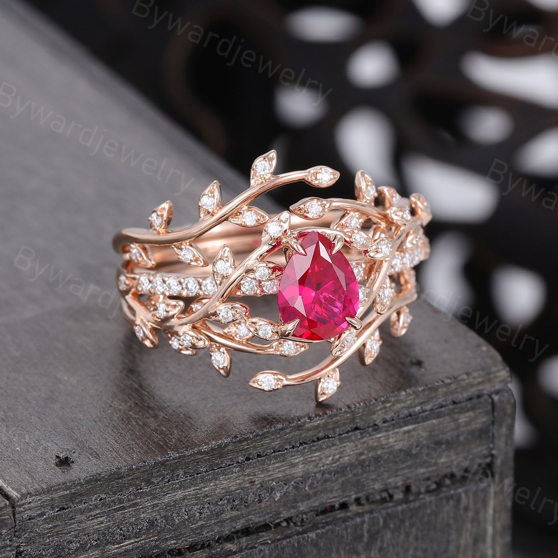 Pear Shaped Ruby Engagement Ring Set Unique Leaf Rose Gold Ring ...