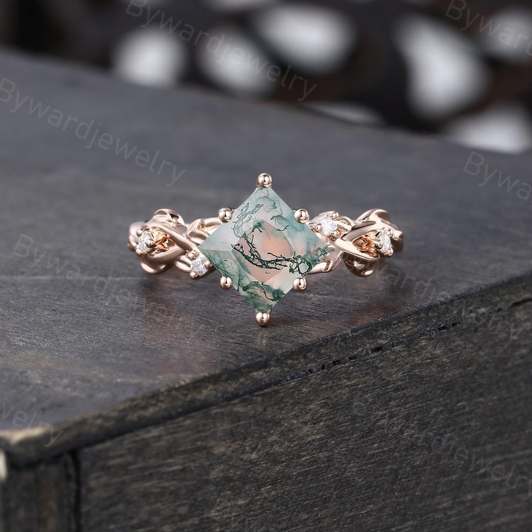 Princess Cut Moss Agate Engagement Ring Unique Rose Gold Leaf Ring ...