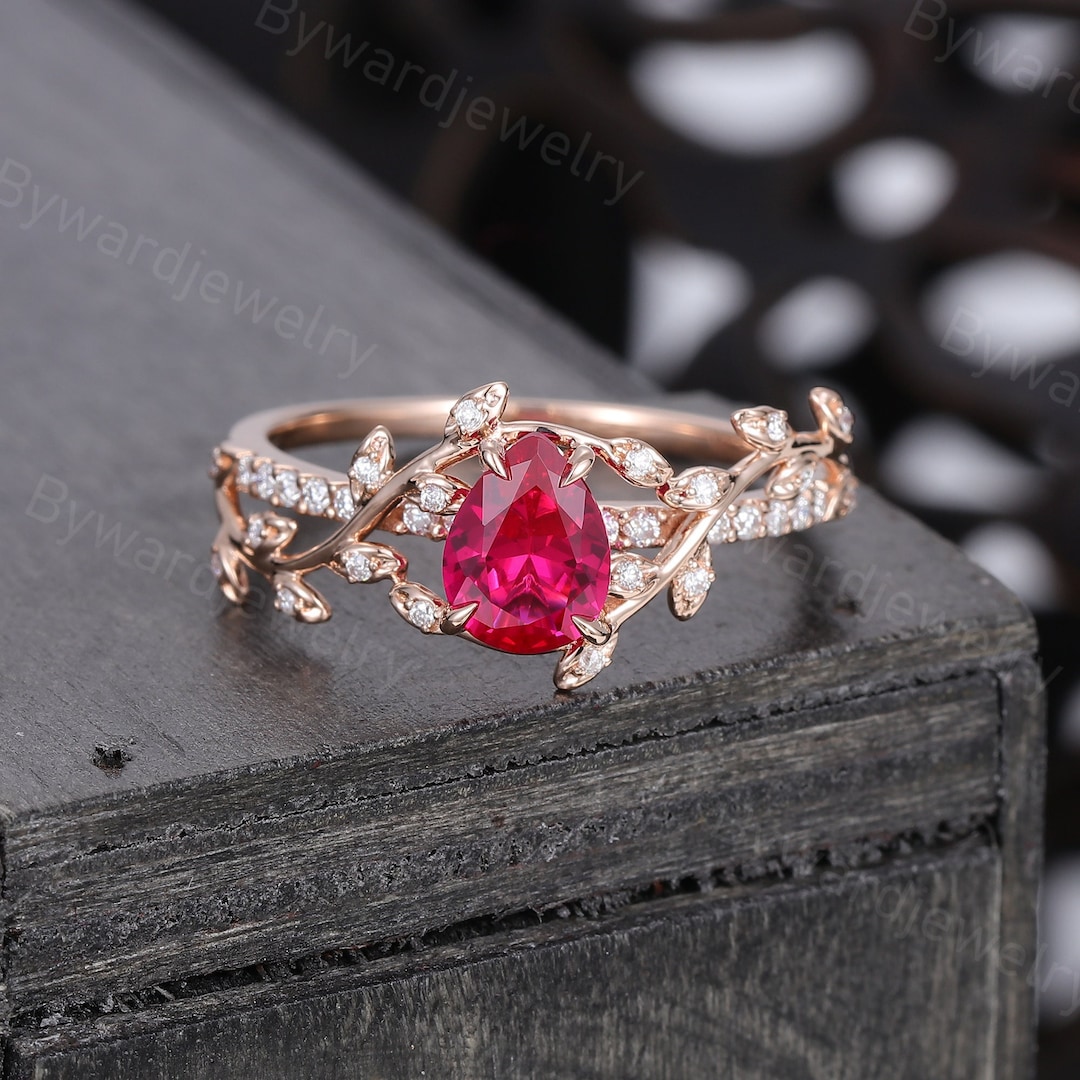 Pear Shaped Ruby Engagement Ring Unique Leaf Rose Gold Moissanite ...