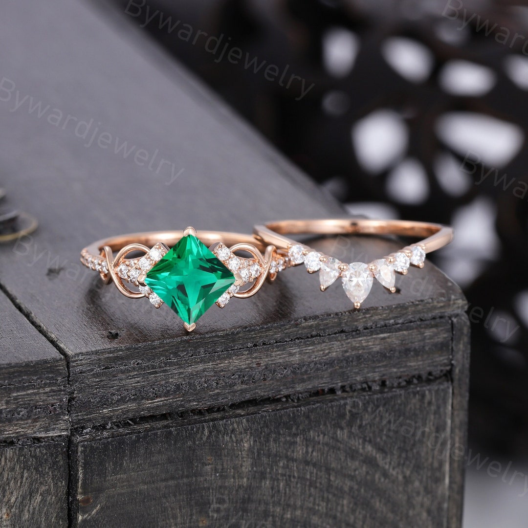 Princess Cut Emerald Engagement Ring Set Unique Rose Gold Engagement ...