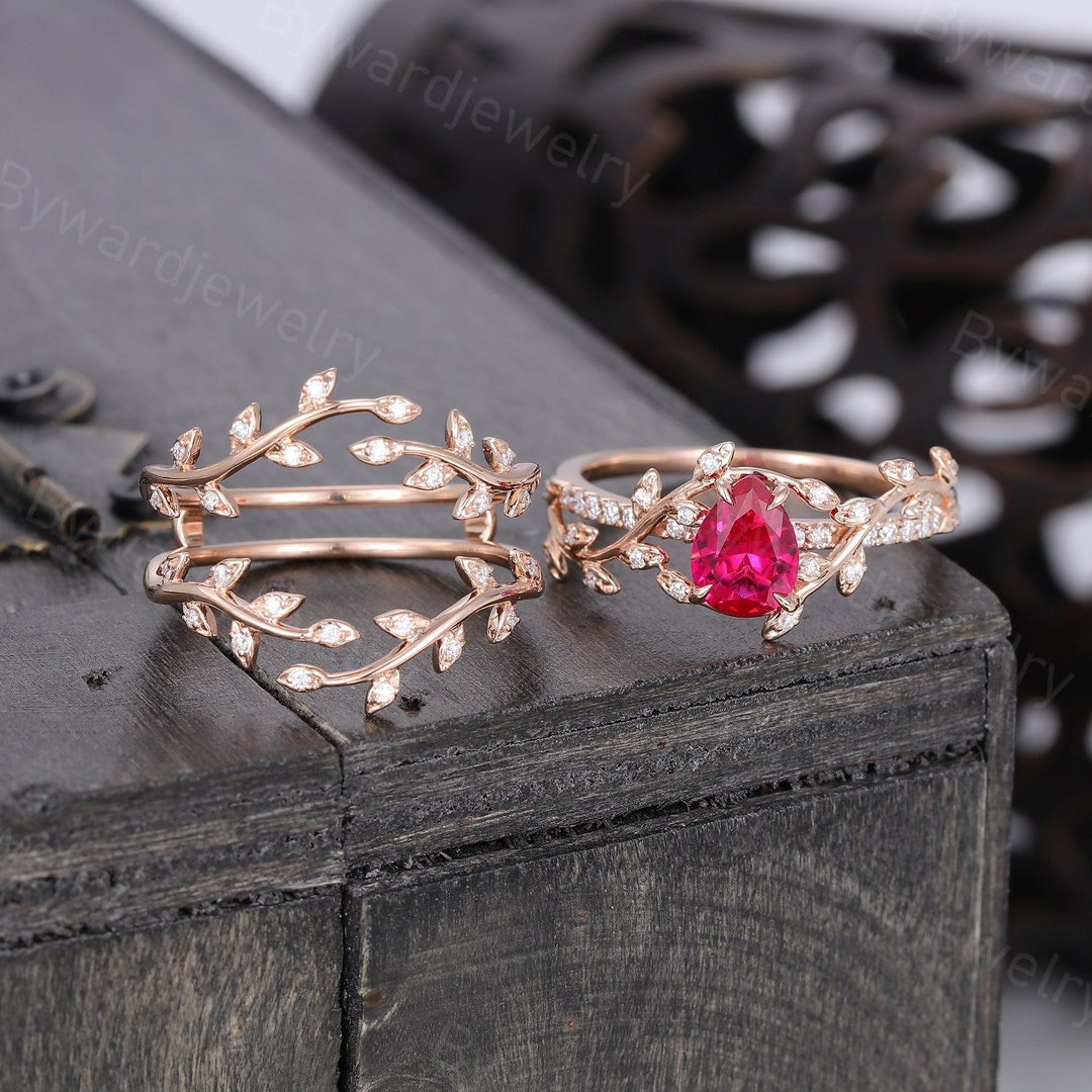 Pear Shaped Ruby Engagement Ring Set Unique Leaf Rose Gold Moissanite ...