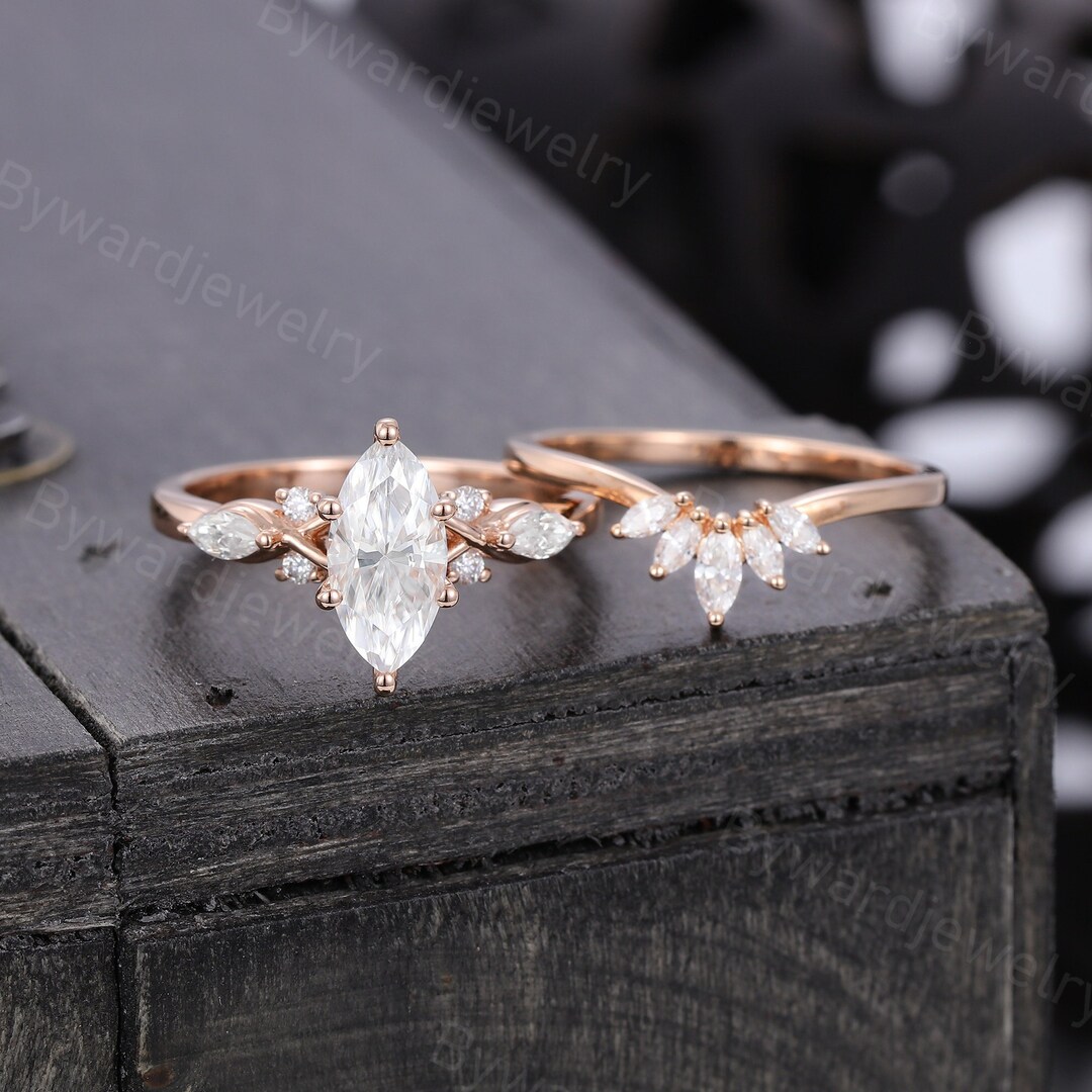 Marquise Cut Moissanite Engagement Ring Set Unique Ring Vintage Rose ...