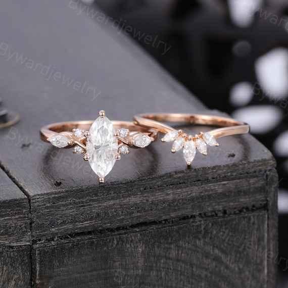 Marquise Cut Moissanite Engagement Ring Set Unique Ring - Etsy