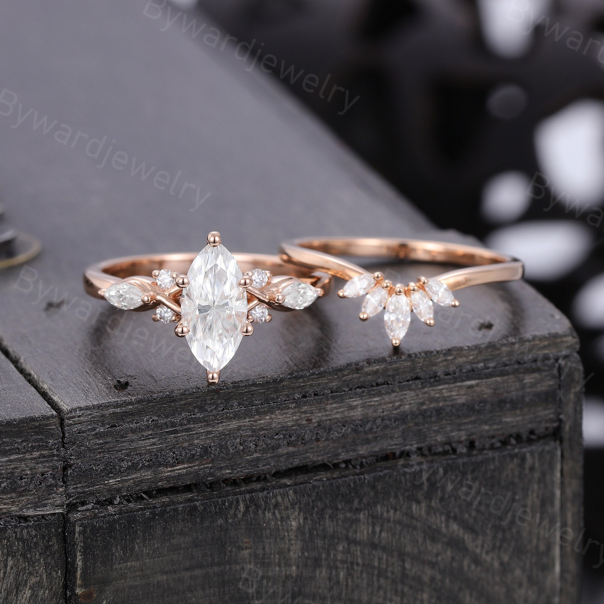 Marquise Cut Moissanite Engagement Ring Set Unique Ring - Etsy
