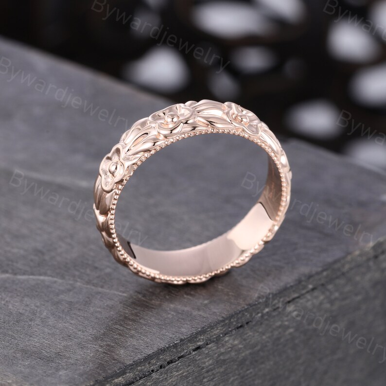Unique Width 5MM Flower Solid Rose Gold Wedding Band Antique Ring Woman ...