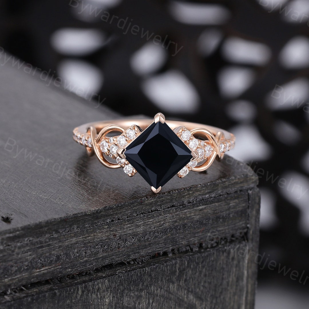 Princess Cut Black Onyx Engagement Ring Unique Rose Gold Diamond ...