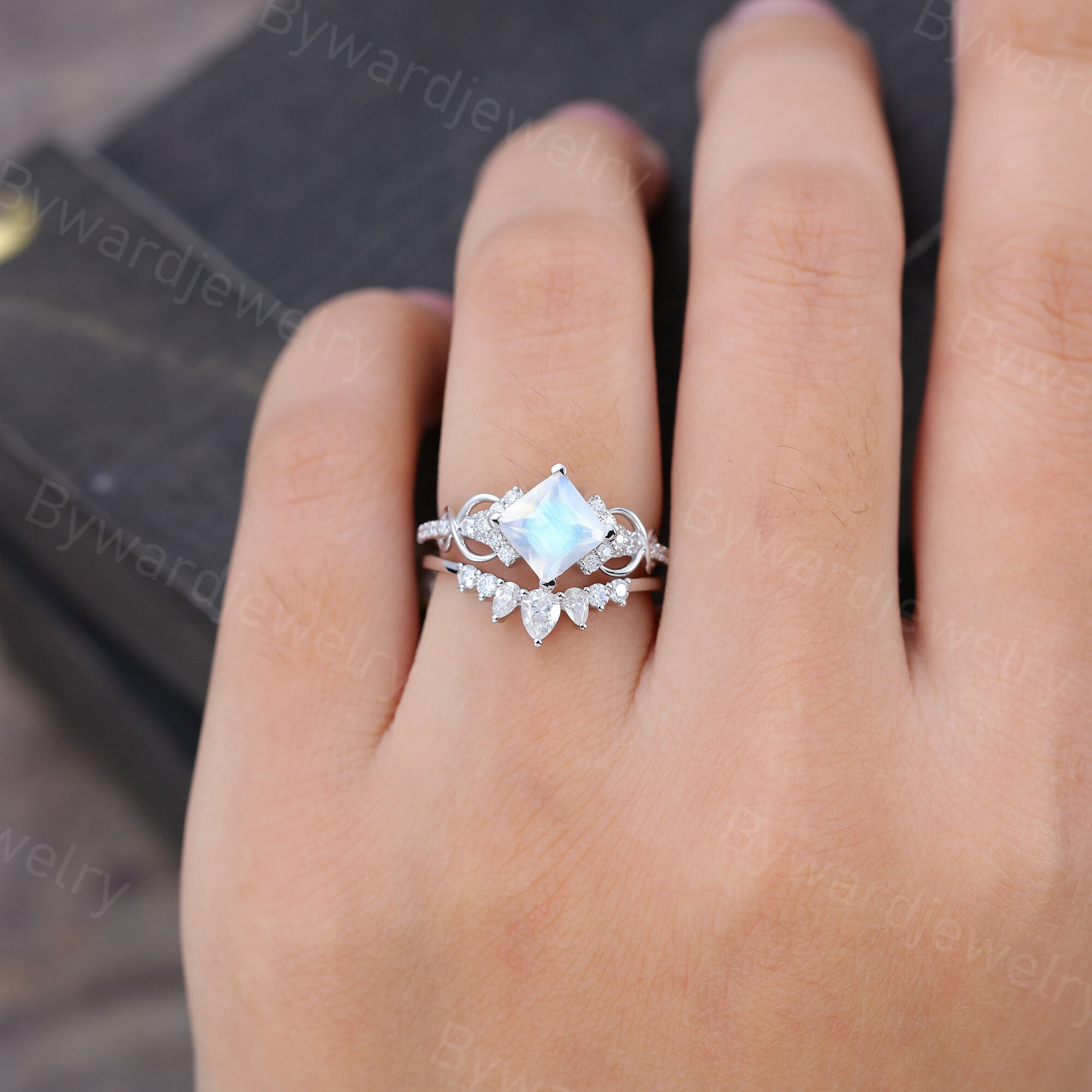 Princess Cut Moonstone Engagement Ring Set Unique White Gold Engagement ...