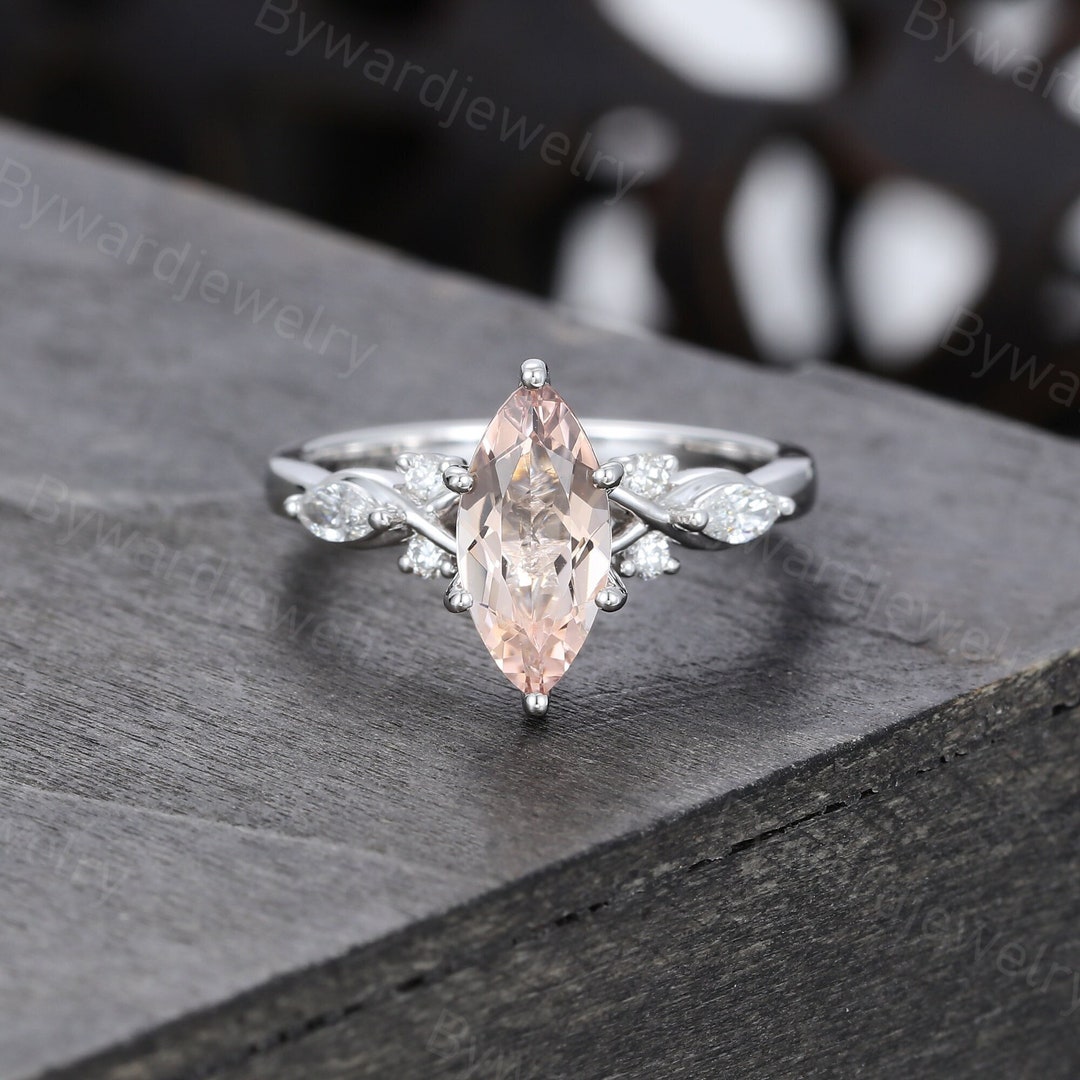 Marquise Cut Morganite Engagement Ring Unique White Gold Moissanite ...