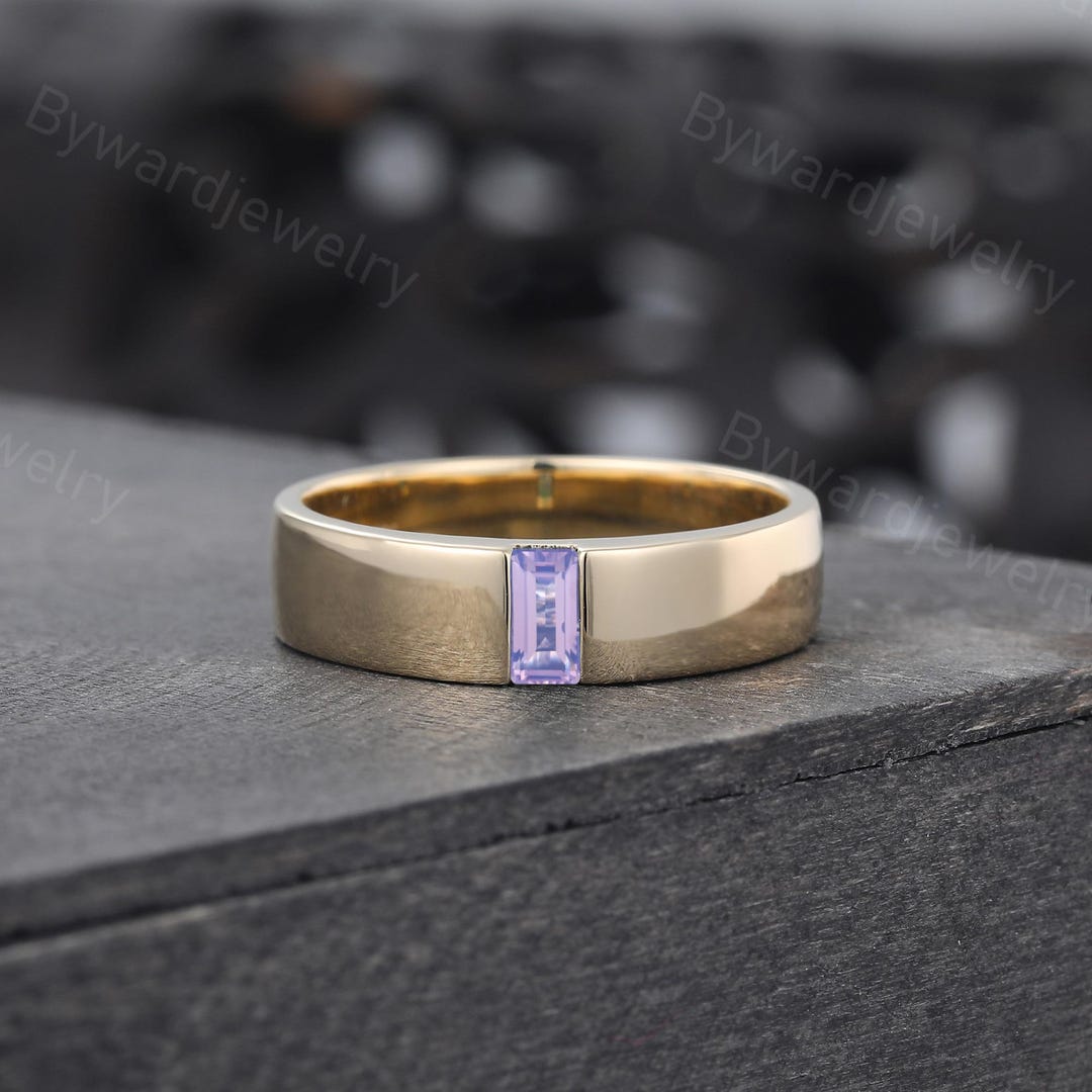 Baguette Lavender Amethyst Wedding Band Unique Solid Gold Ring Vintage ...