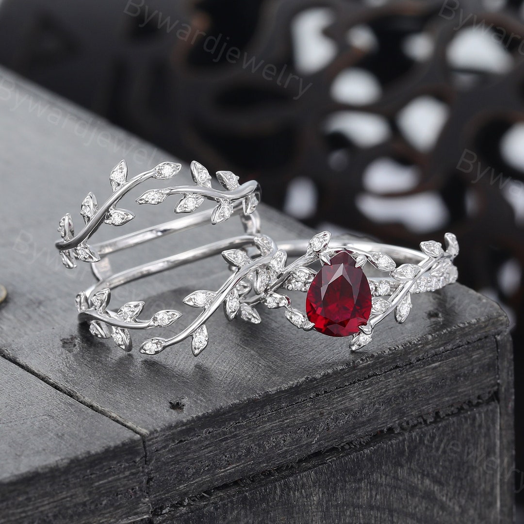 Pear Shaped Ruby Engagement Ring Set Unique Leaf White Gold Moissanite Wedding Ring Twig Diamond ...